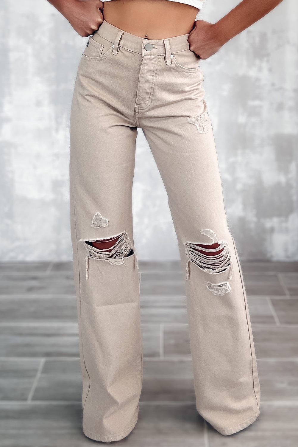 US$ 13.28 Drop-shipping Khaki High Waist Ripped Wide-Leg Jeans for Women