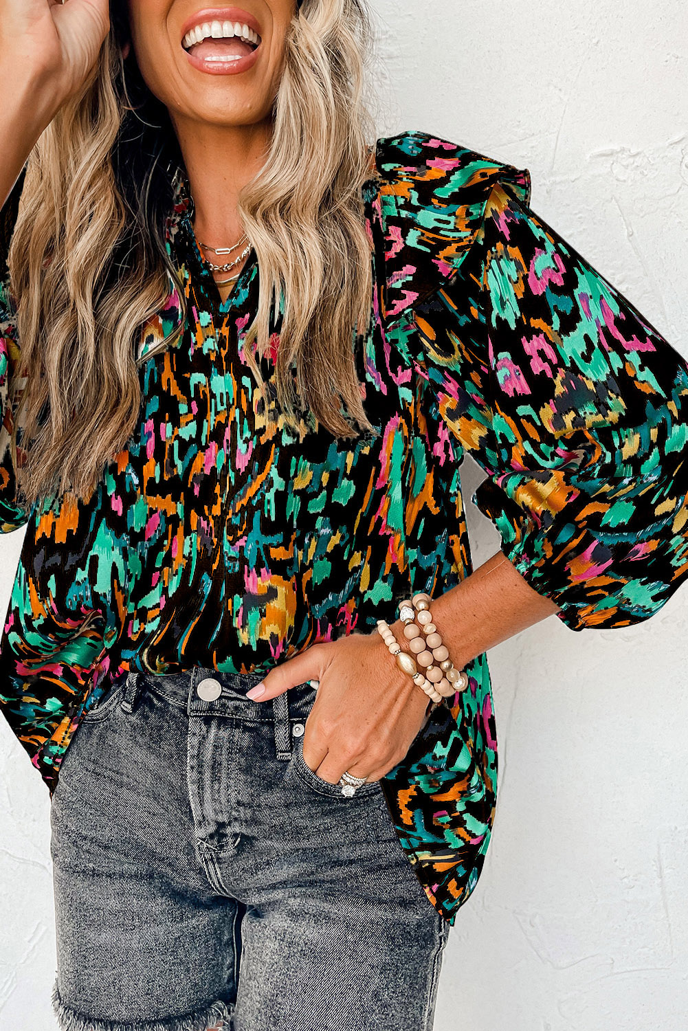 US$ 7.57 Drop-shipping Multicolour Abstract Print 3/4 Puff Sleeve Ruffle Blouse for Women