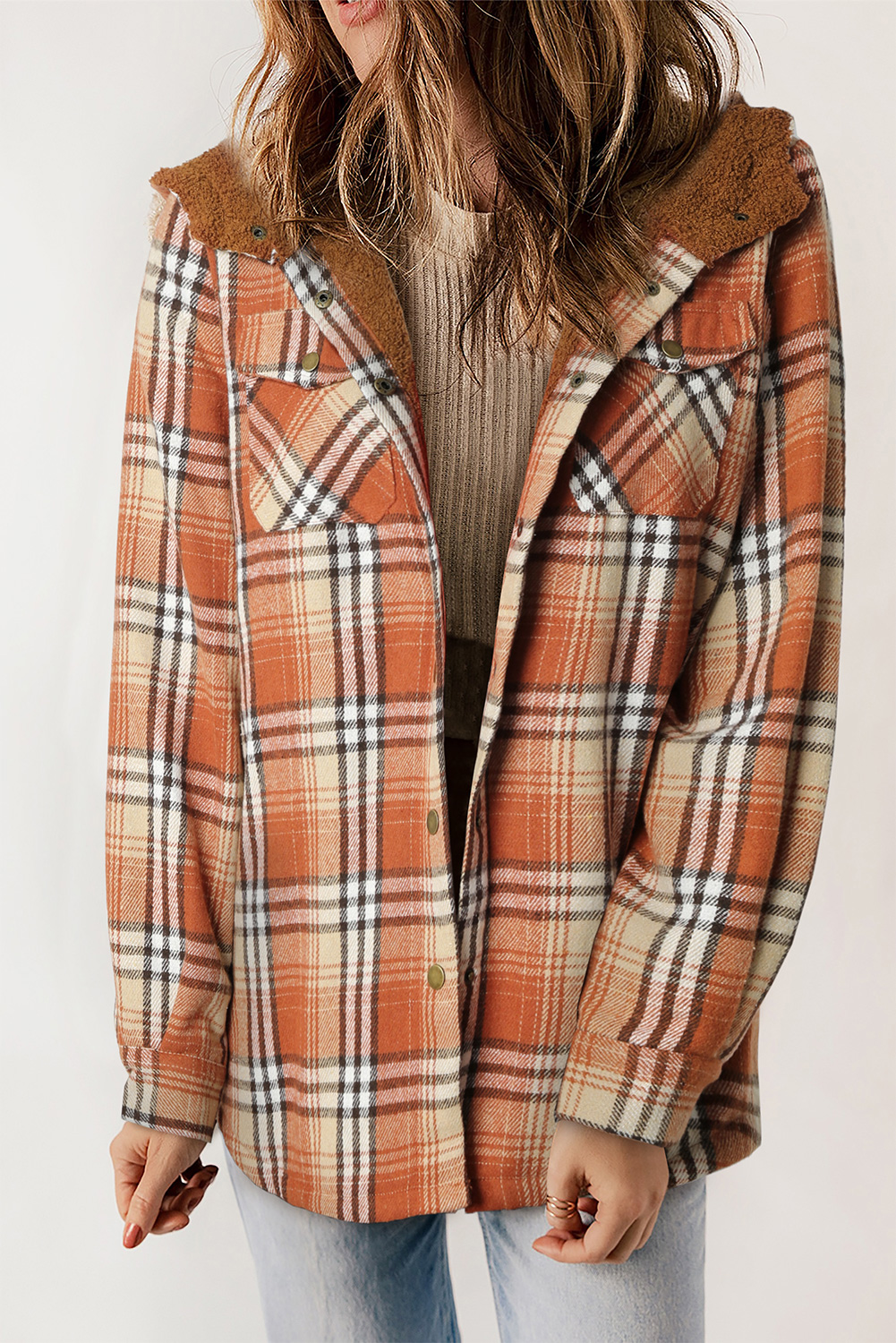 US$ 17.23 Drop-shipping Orange Plaid Pattern Sherpa Lined Hooded ...
