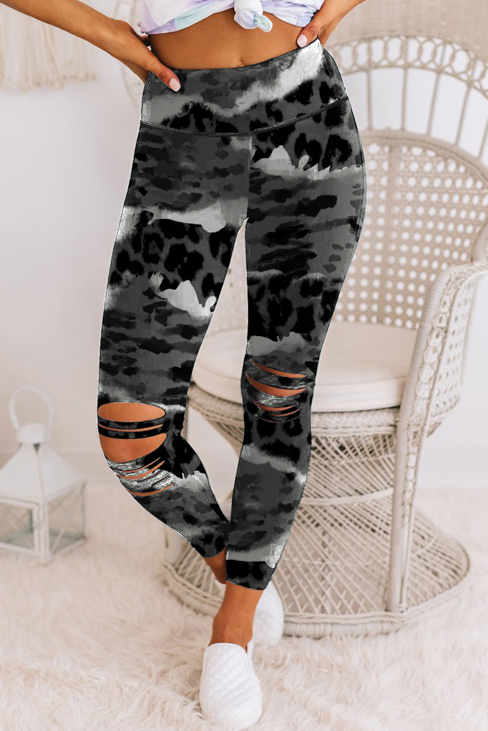 US$ 6.21 Drop-shipping Leopard Animal Print Ripped Knee Leggings for Women