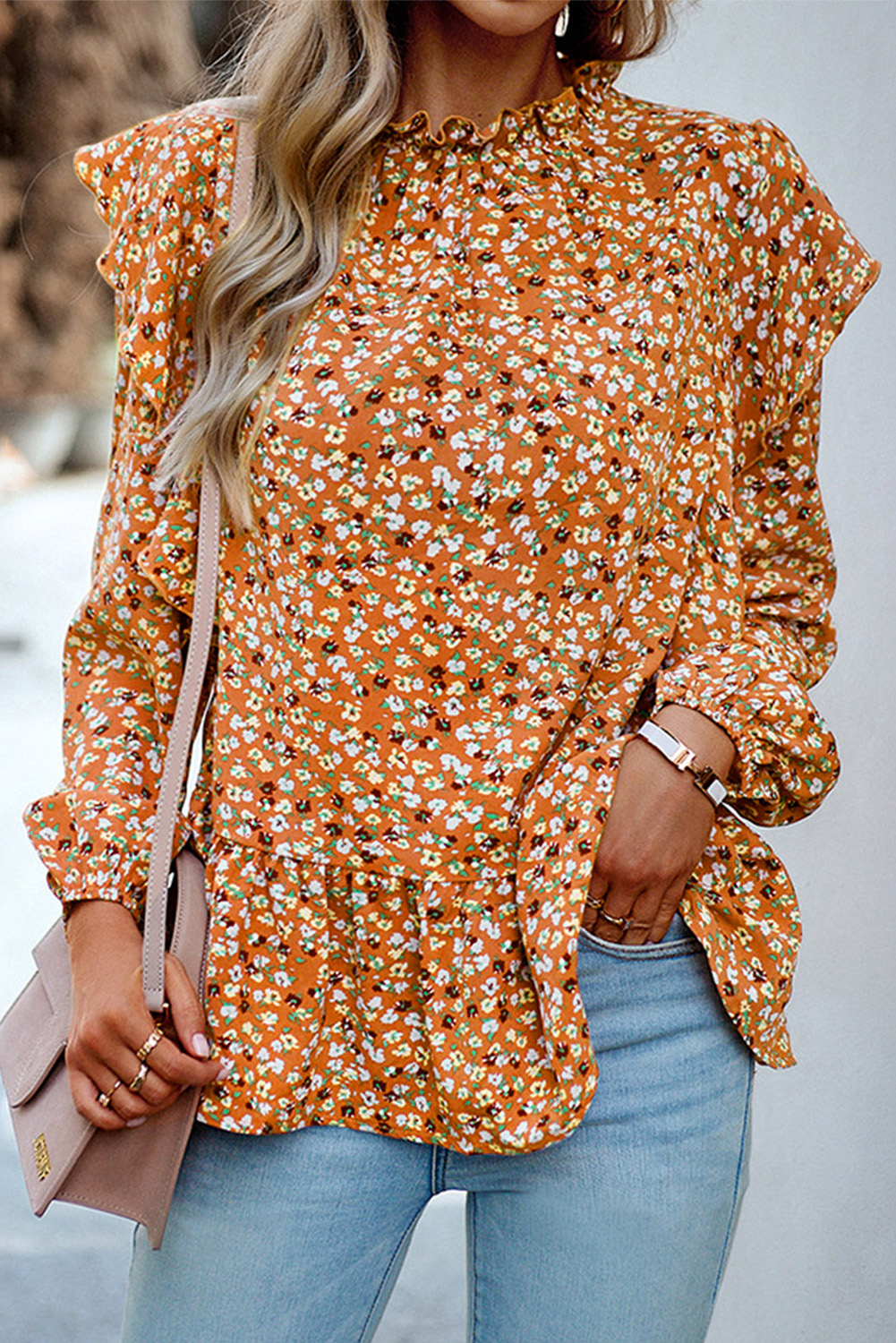 US$ 8.33 Drop-shipping Orange Ruffle Collar Long Sleeve Peplum Top for ...