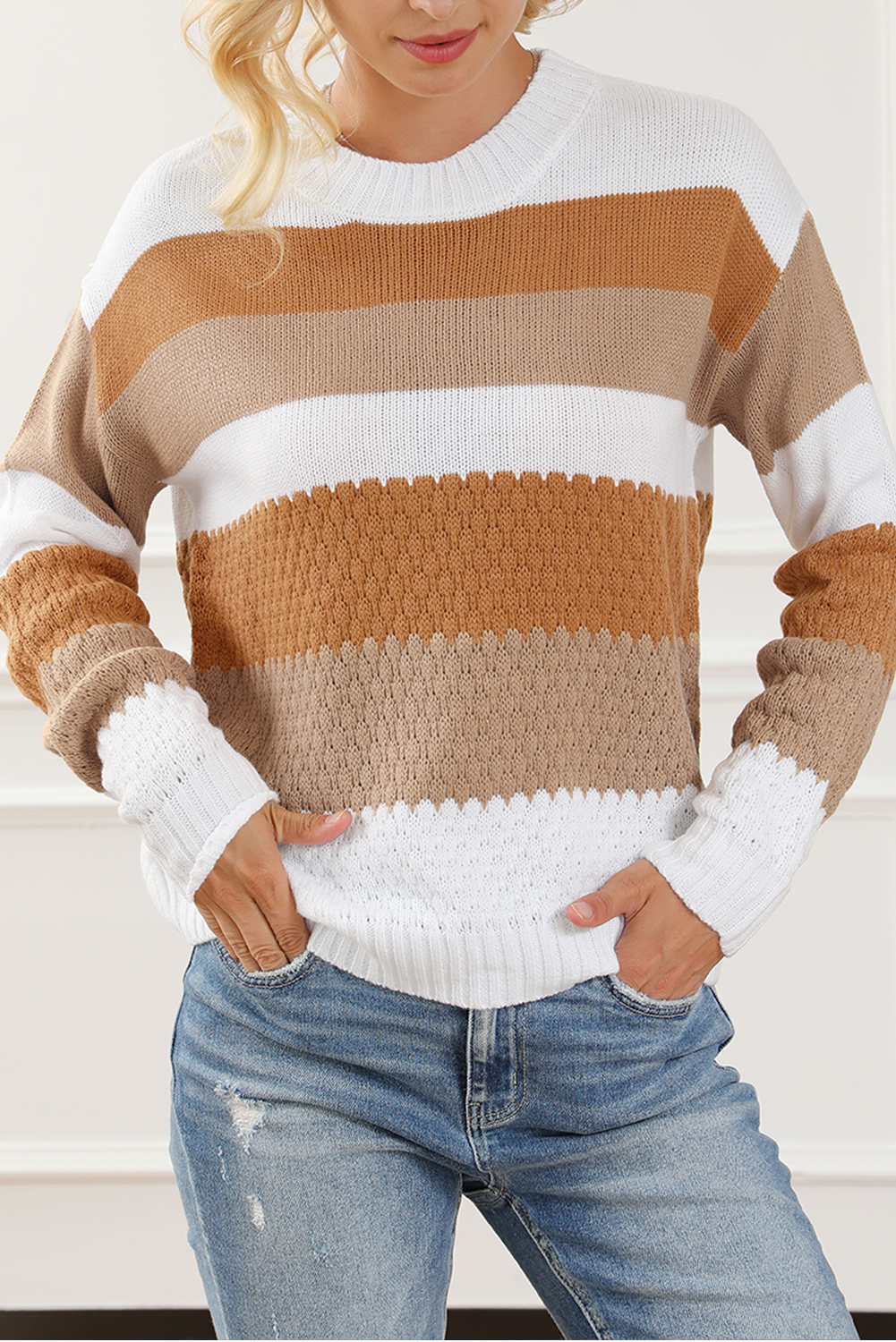 US$ 8.8 Drop-shipping Chestnut Striped Cable Knit Drop Shoulder Sweater ...