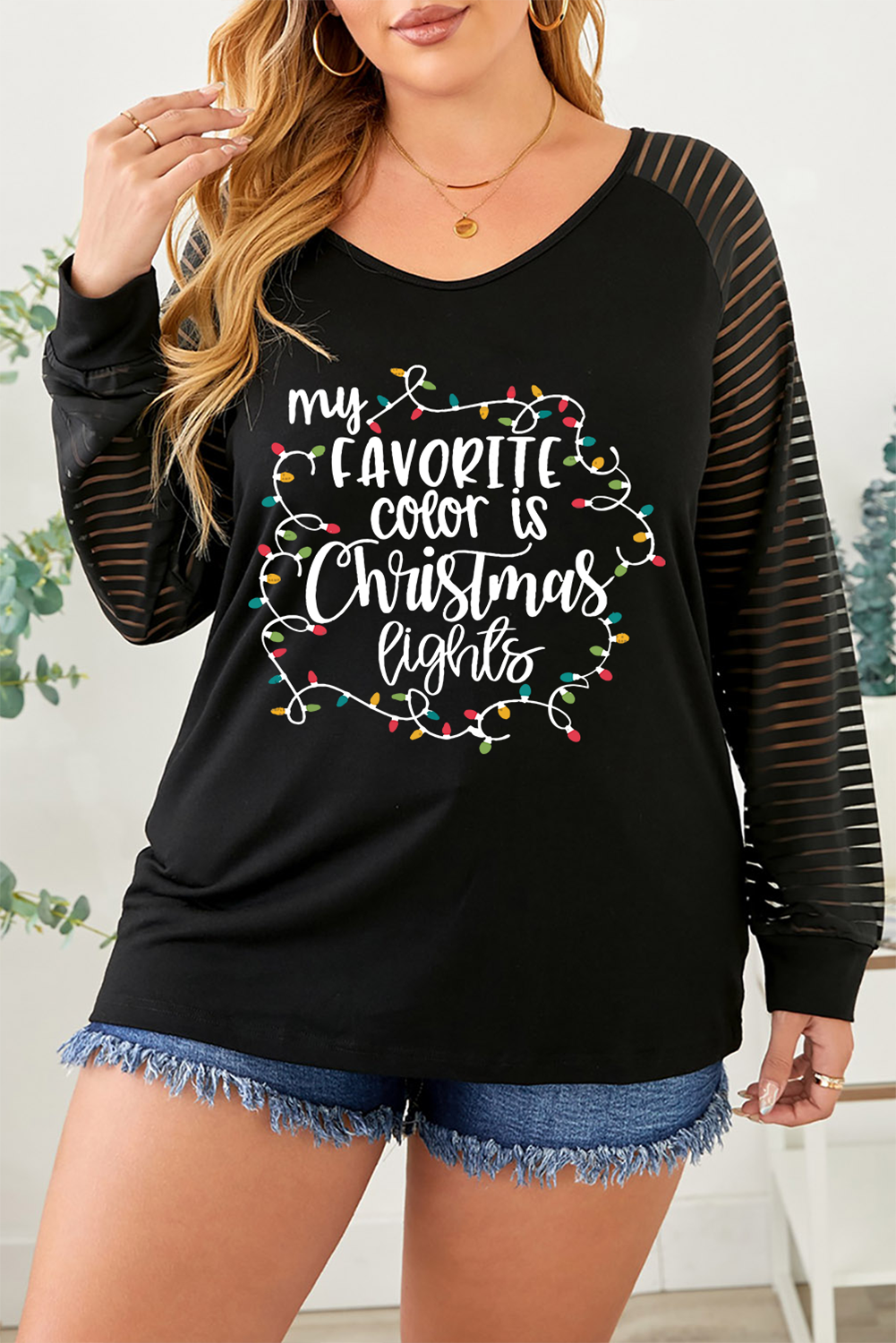 US$ 9.09 Drop-shipping Black Christmas Lights Graphic Sheer Striped ...