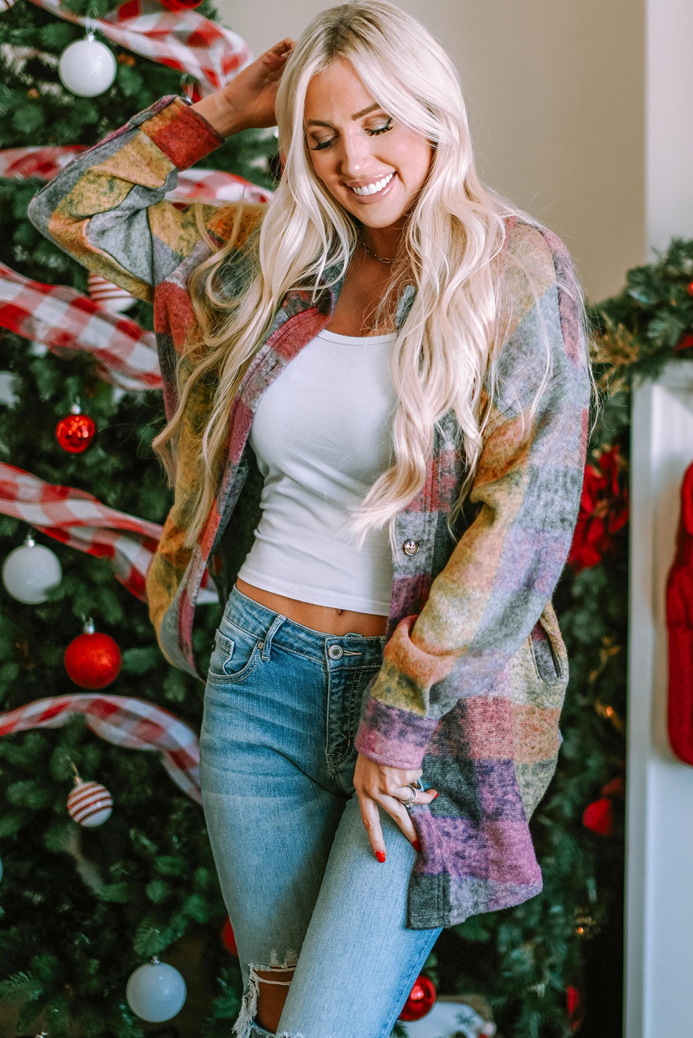 US$ 14.37 Drop-shipping Multicolor Brushed Plaid Pocketed Oversize ...