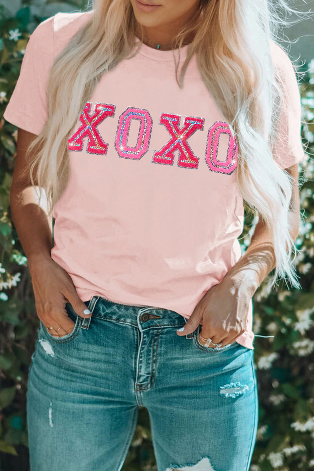 Us 689 Drop Shipping Pink Valentines Shiny Xoxo Graphic T Shirt For Women