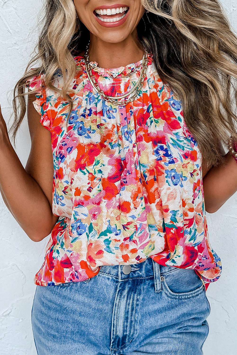 US$ 9.14 Drop-shipping Red Frilled Neck Pleated Boho Floral Tank Top ...