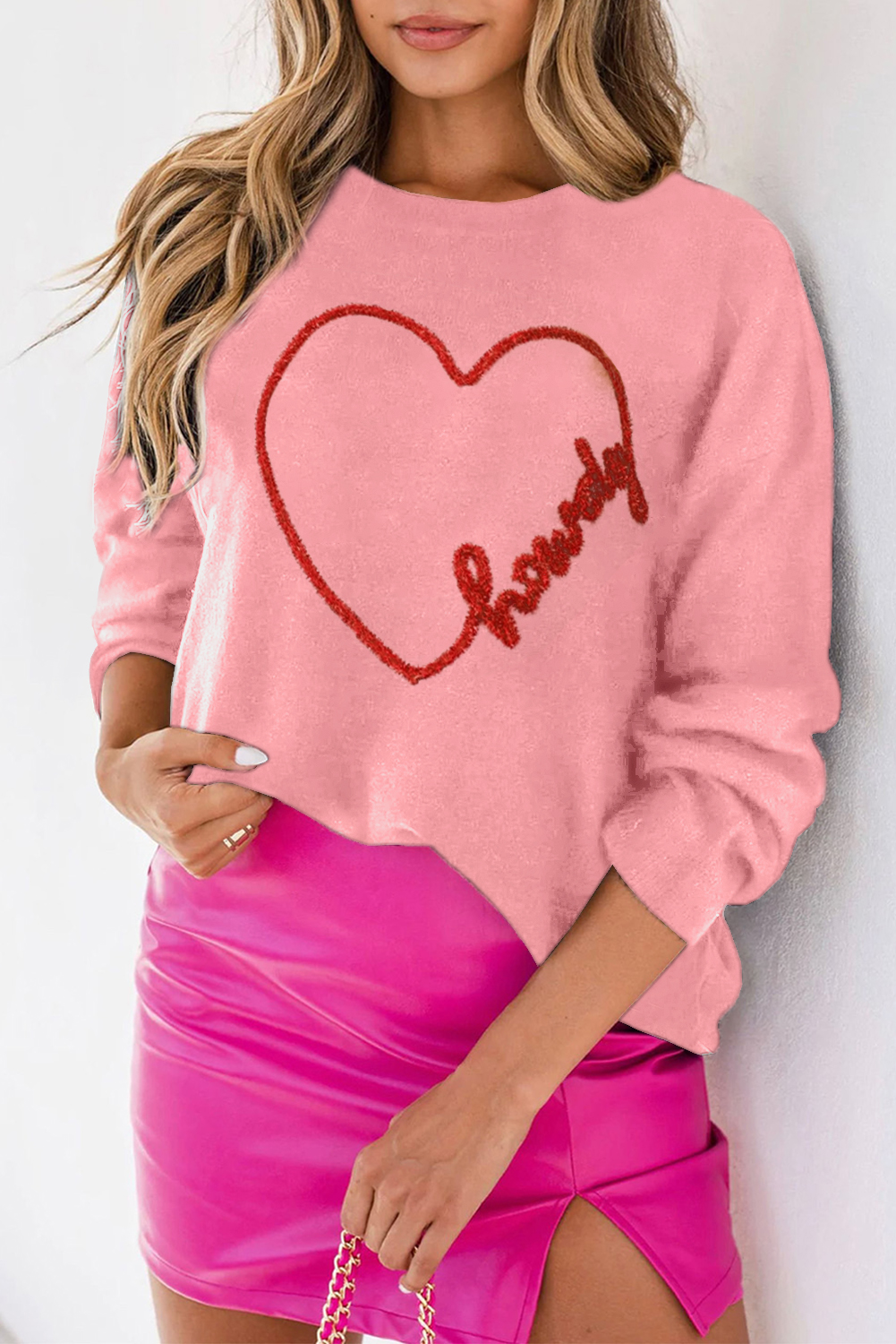 US$ 11.29 Drop-shipping Pink Howdy Heart Graphic Round Neck Casual ...