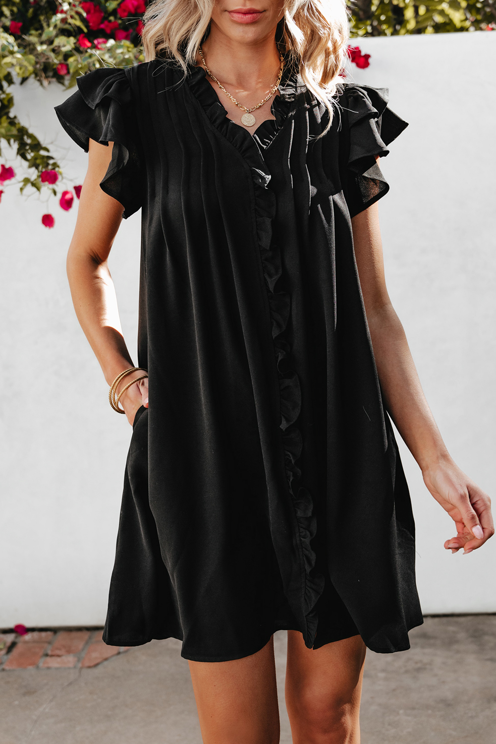 Us 9 25 Drop Shipping Black Ruffle Sleeve V Neck Frilled Shift Dress