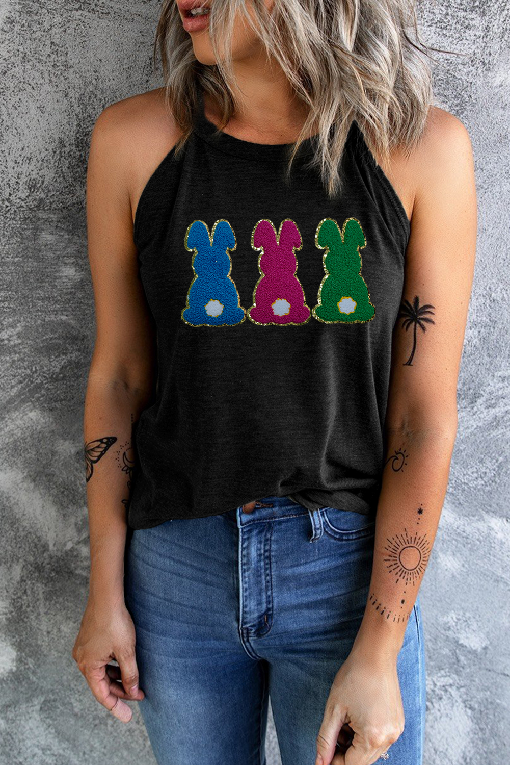 US$ 6.15 Drop-shipping Black Easter Rabbit Chenille Graphic Vest for Women