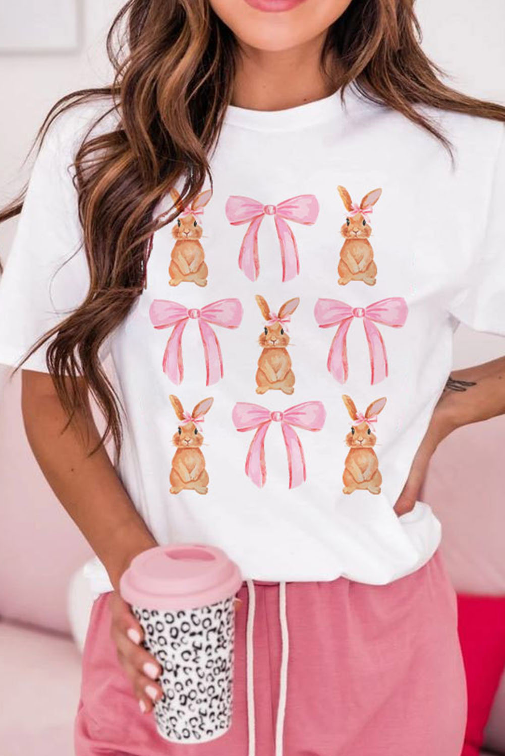 US$ 6.56 Drop-shipping White Rabbit Bow Knot Print Crew Neck T Shirt ...