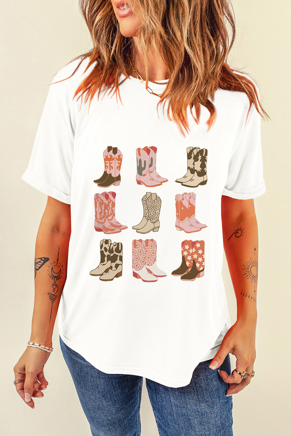 US$ 6.56 Drop-shipping White Western Cowboy Boots Print Round Neck T ...