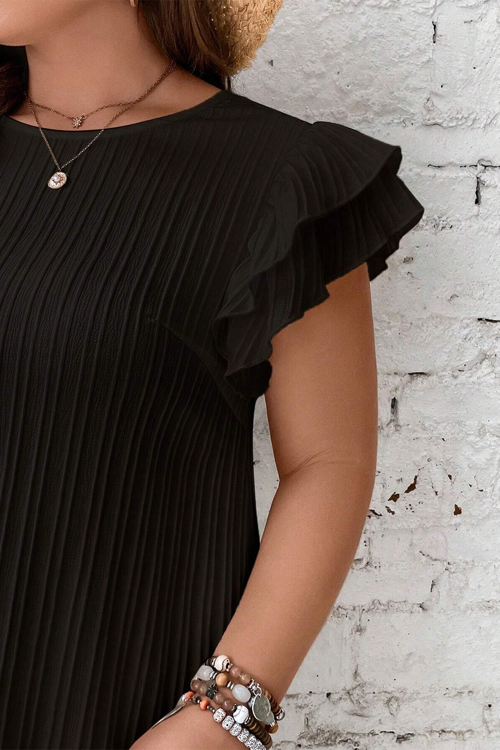 US$ 5.44 Drop-shipping Black Ruffled Sleeve Rib Textured Plus Size ...
