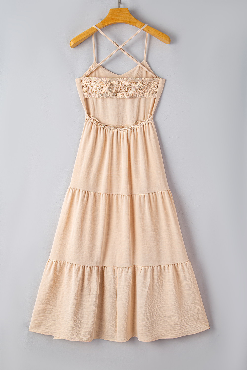 US$ 11.85 Drop-shipping Oatmeal Crossover Backless Bodice Tiered Maxi ...