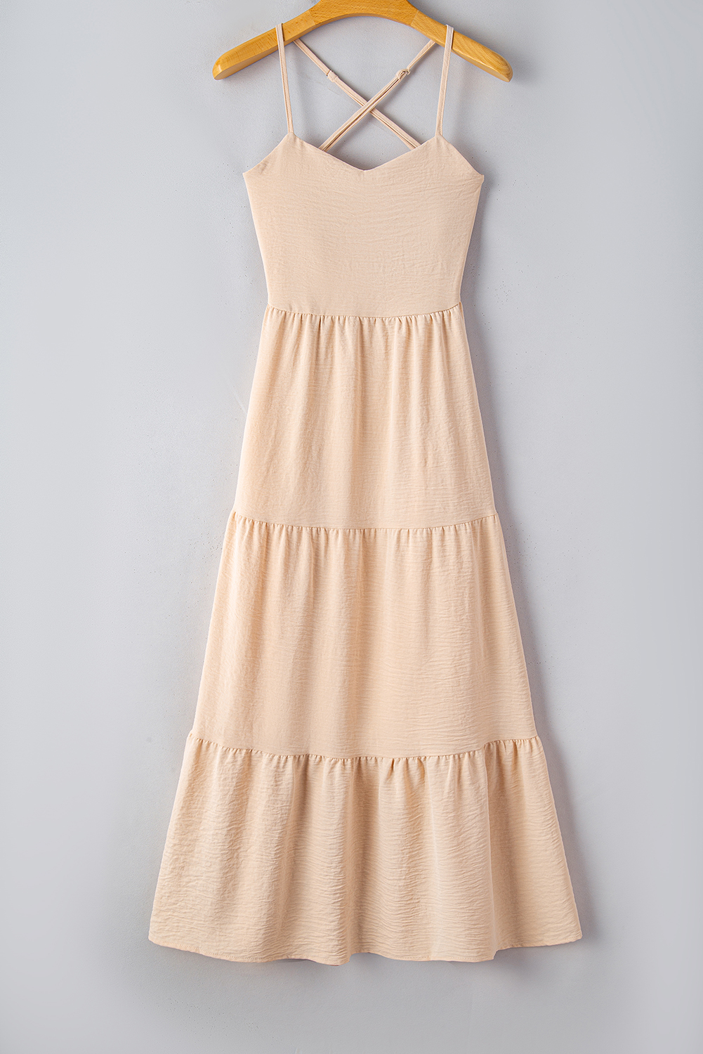 US$ 11.85 Drop-shipping Oatmeal Crossover Backless Bodice Tiered Maxi ...