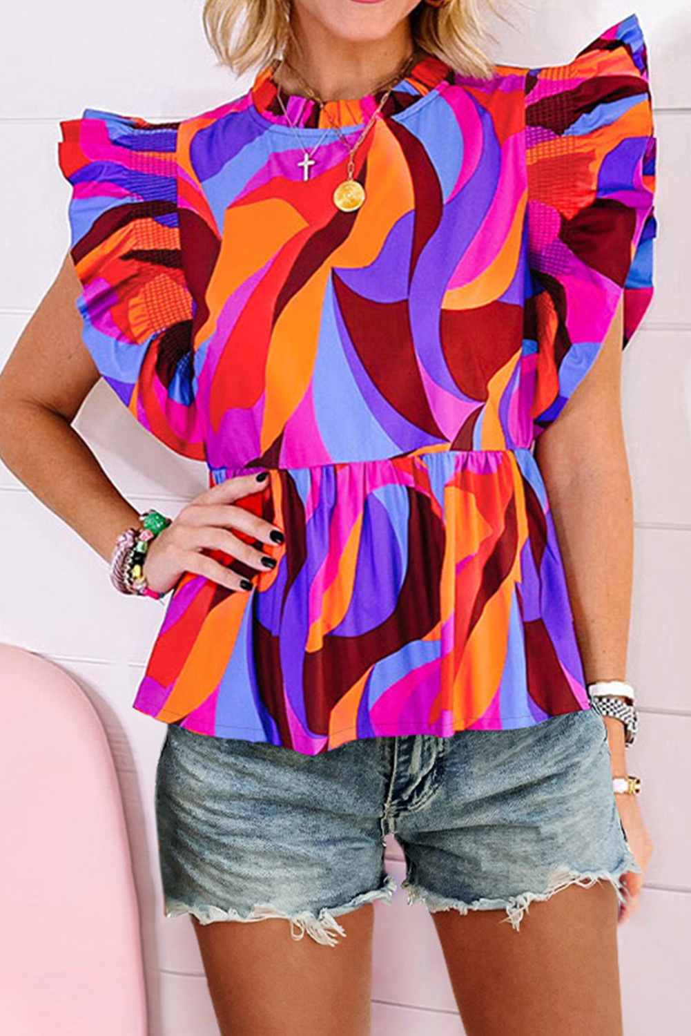 US$ 8.03 Drop-shipping Orange Abstract Print Flutter Sleeve Peplum ...