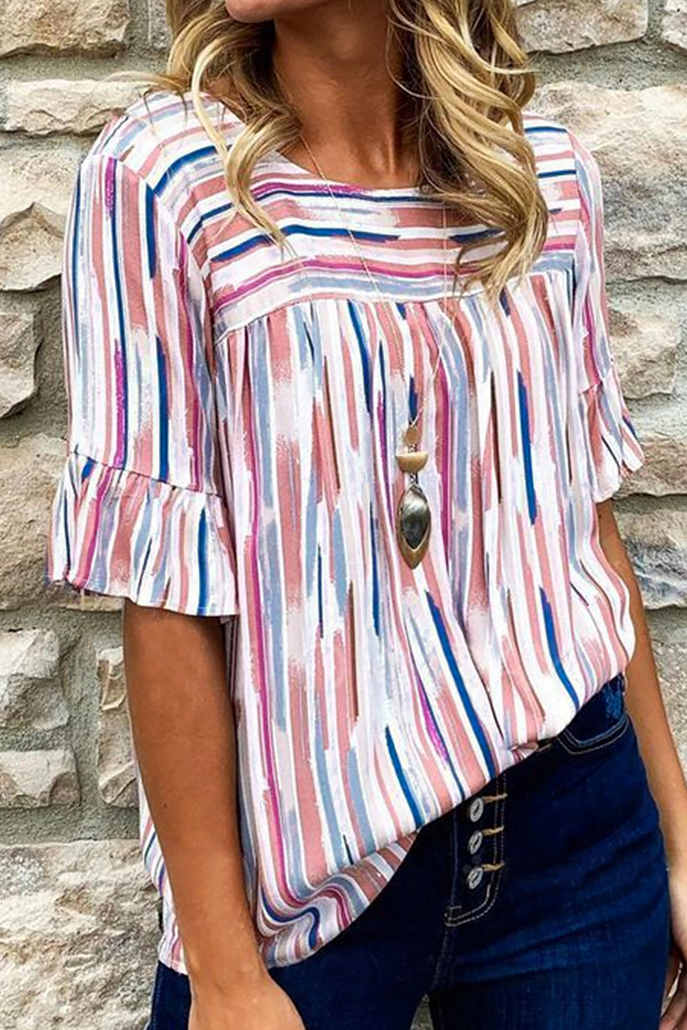 US$ 4.54 Drop-shipping White Multicolor Striped Splash Half Sleeve ...