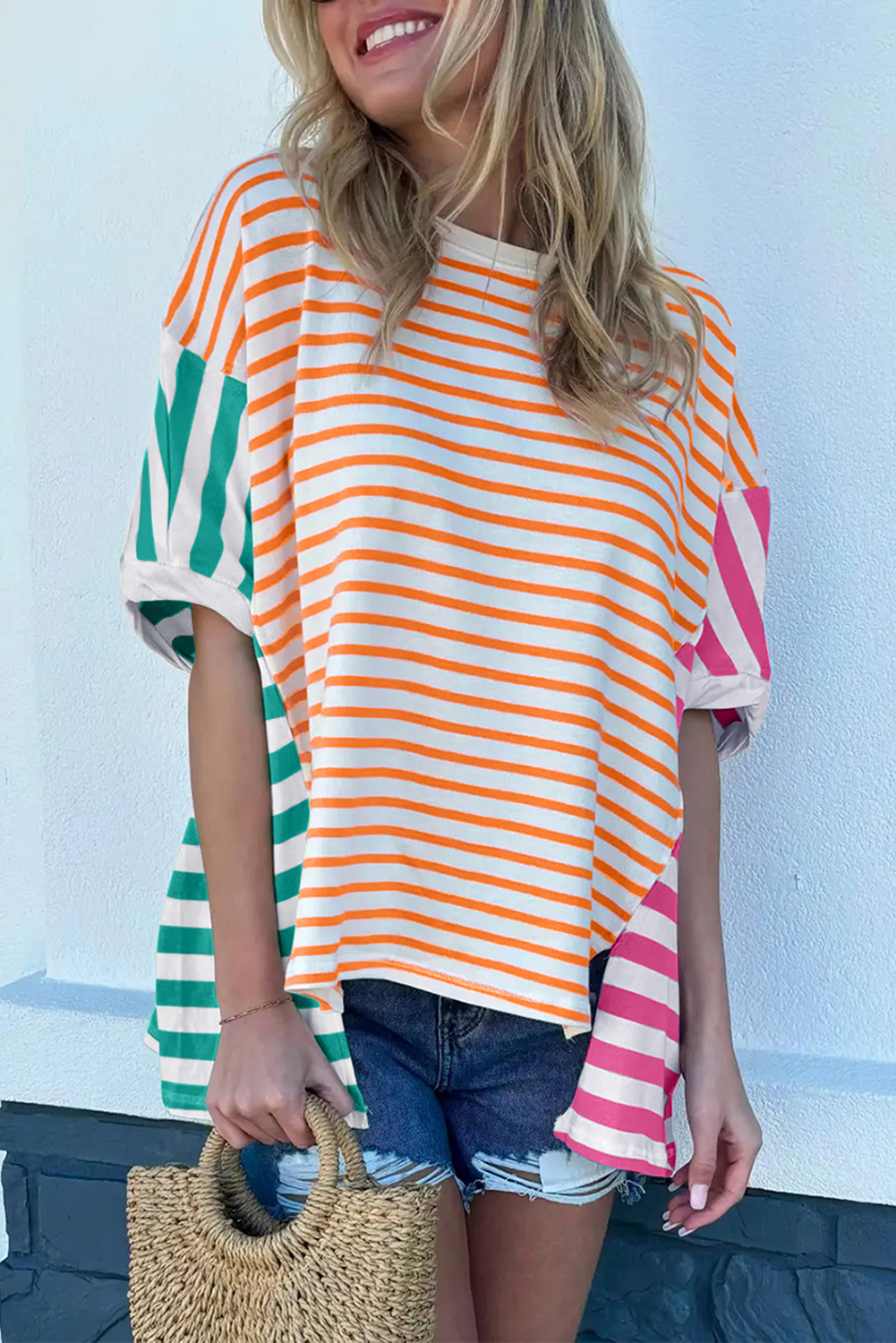 US$ 8.34 Drop-shipping Orange Stripe Colorblock Patchwork Baggy T Shirt ...