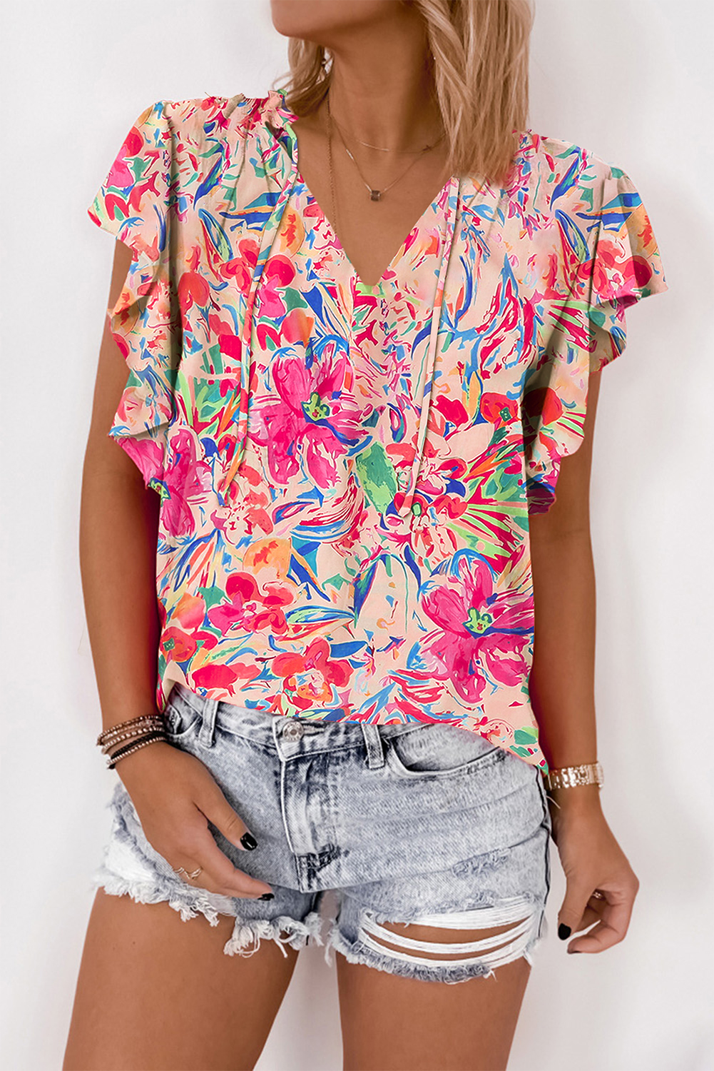 US$ 6.5 Drop-shipping Multicolour Floral Ruffled Sleeve V Neck Summer ...