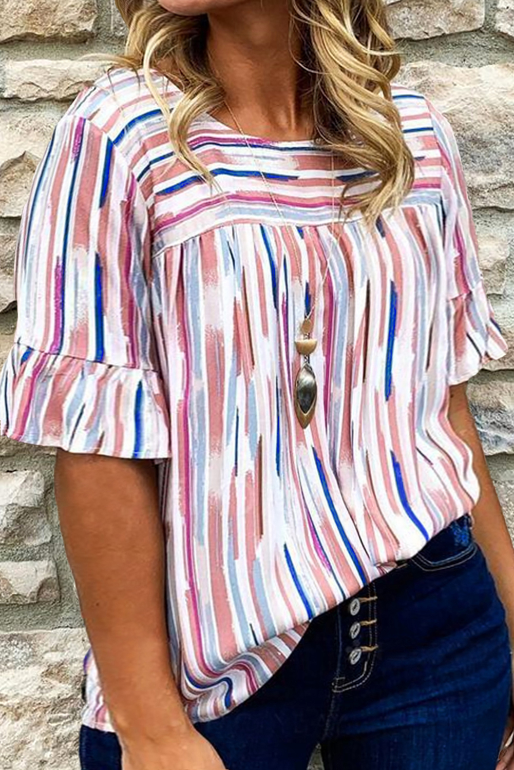 US$ 4.89 Drop-shipping White Stripe Ruffled Short Sleeve Plus Size ...