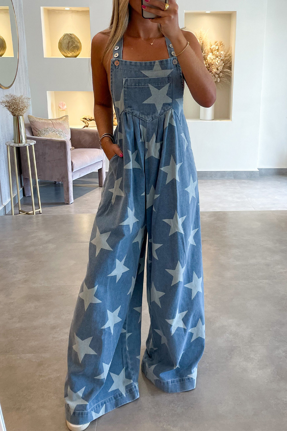US$ 20.36 Drop-shipping Star Print Buttoned Strap Pleat Wide Leg Denim ...