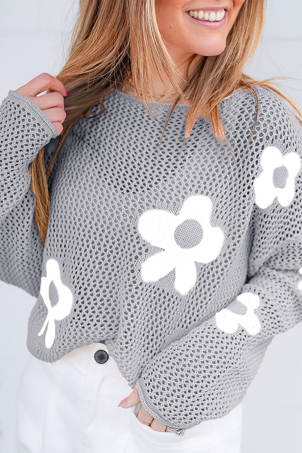 US$ 10.18 Drop-shipping Light Grey Big Flower Hollowed Knit Drop ...