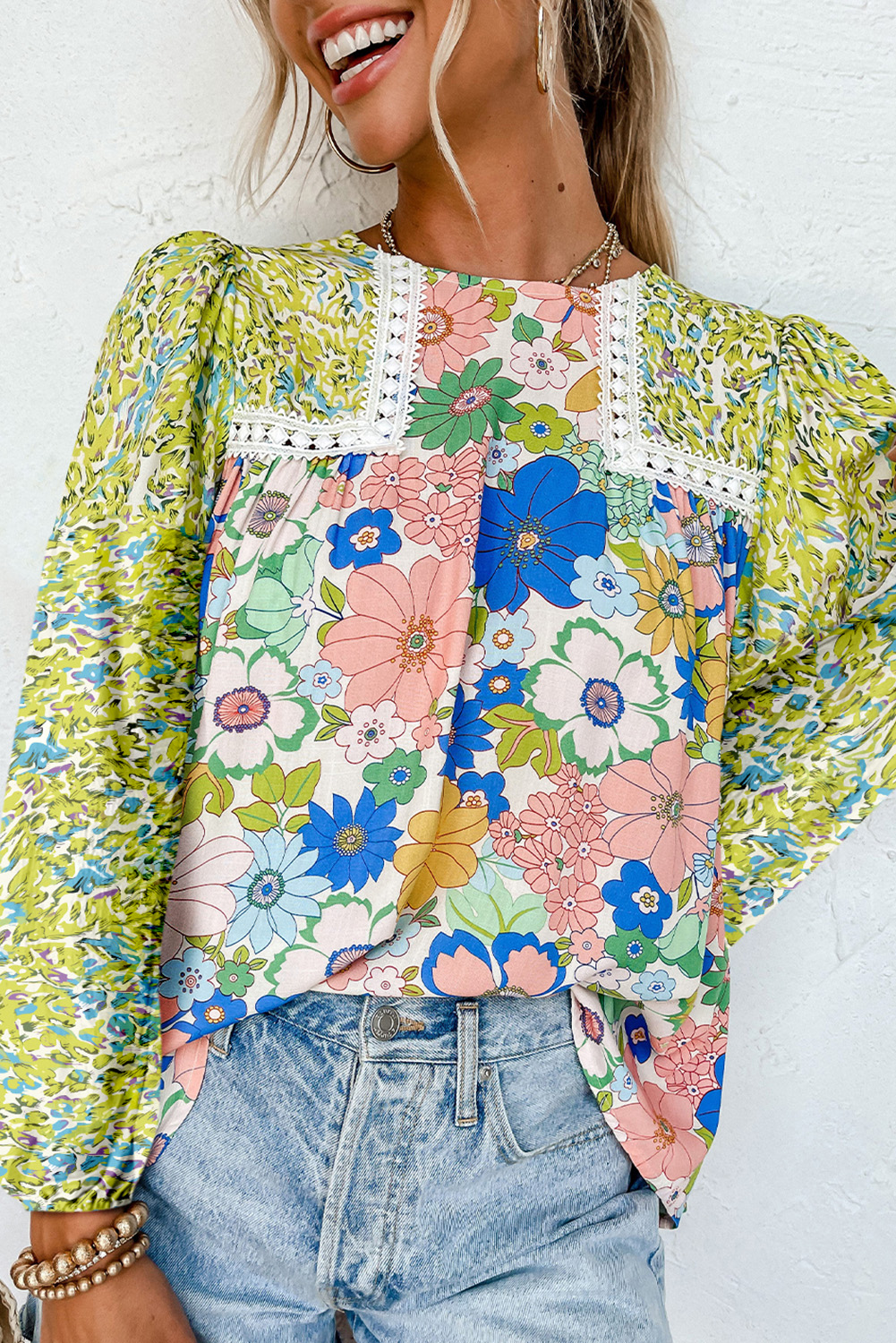 US$ 7.88 Drop-shipping Green Mixed Floral Print Long Sleeve Blouse for ...