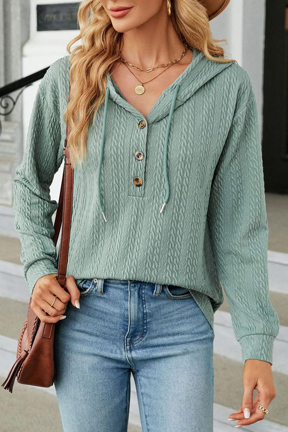 US$ 7.99 Drop-shipping Mint Green Button Front Textured Drawstring ...