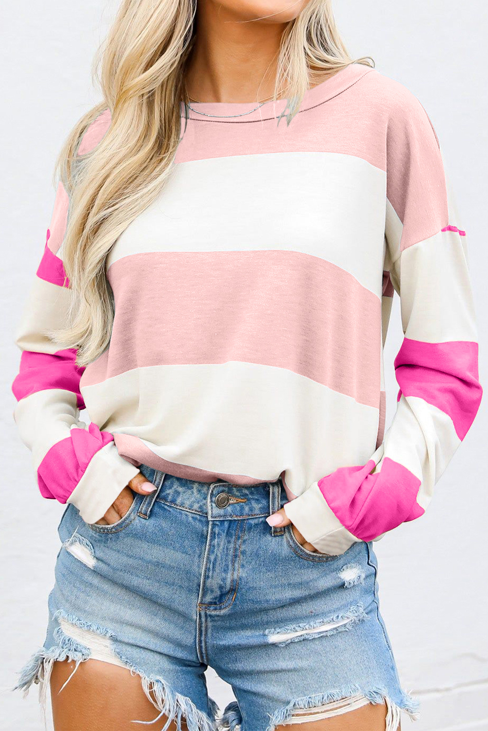 US$ 5.58 Drop-shipping Light Pink Colorblock Striped Drop Shoulder Long ...