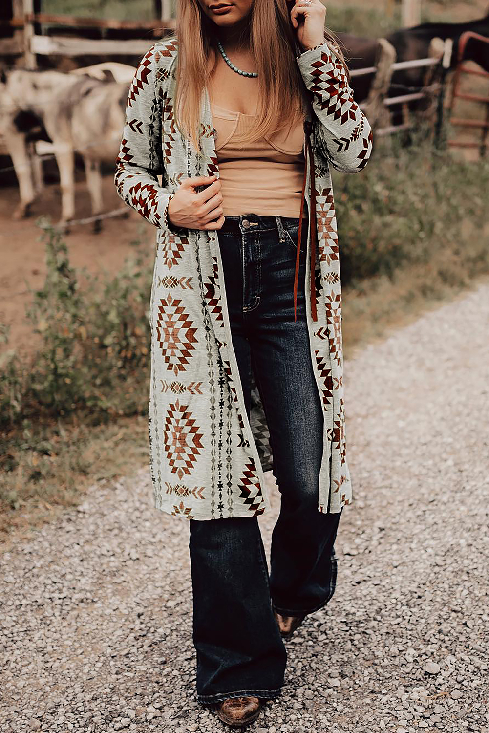 US$ 7.59 Drop-shipping Brown Western Aztec Printed Open Front Long ...