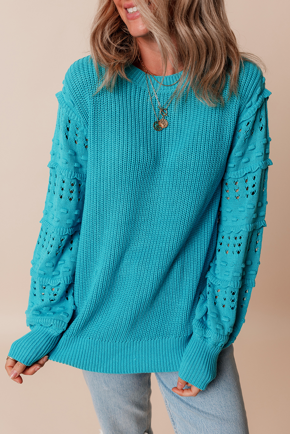 US$ 12.31 Drop-shipping Turquoise Ruffled Eyelet Bubble Sleeve Sweater ...
