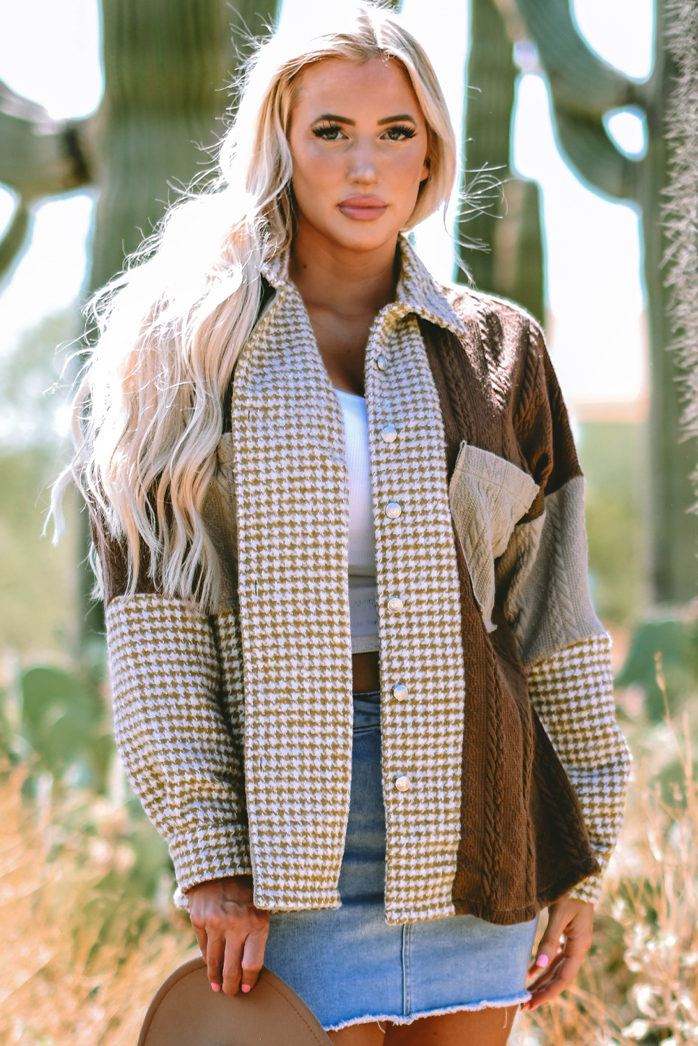 US$ 16.83 Drop-shipping Khaki Houndstooth Color Contrast Textured ...
