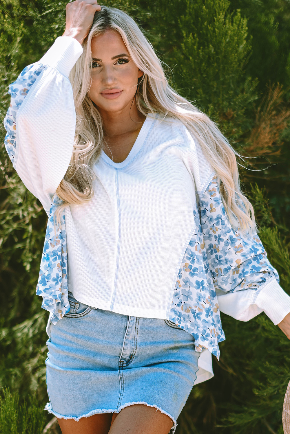 US$ 8.45 Drop-shipping White Abstract Floral Patchwork Batwing Sleeve V ...