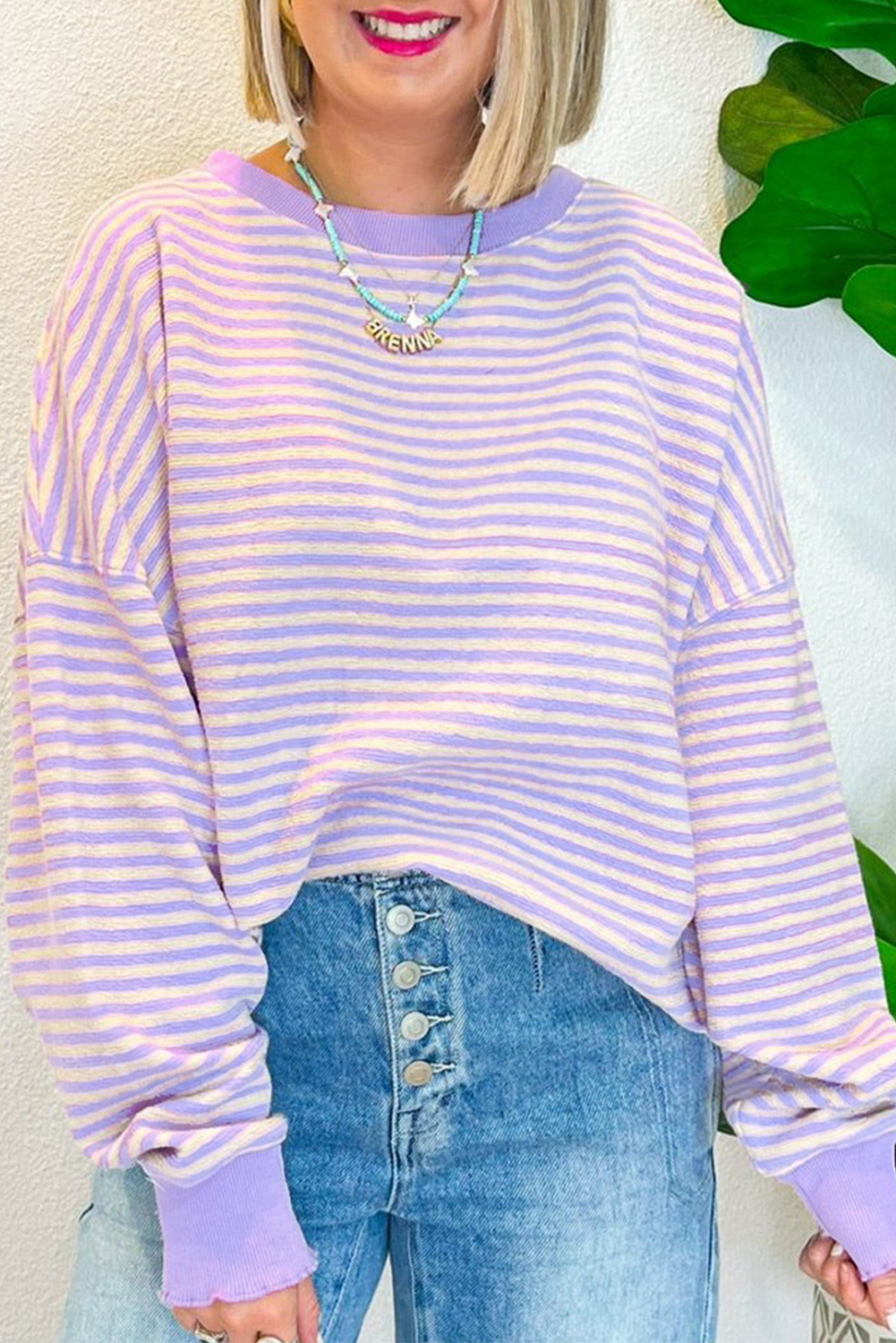 US$ 8.63 Drop-shipping Purple Stripe Loose Drop Shoulder Long Sleeve ...