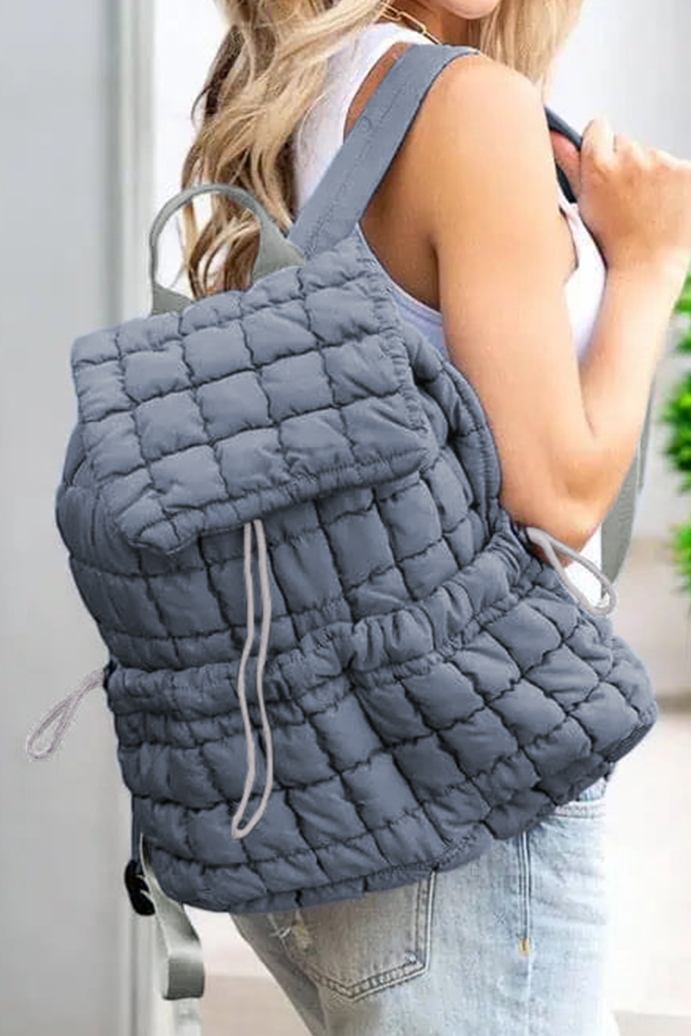 US$ 14.89 Drop-shipping Dusk Blue Solid Flapped Quilted Puffer Backpack ...