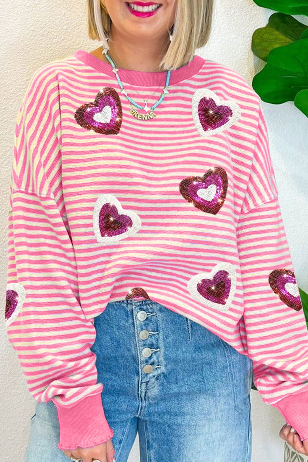 US$ 12.02 Drop-shipping Pink Stripe Sequin Heart Patched Pattern Long ...