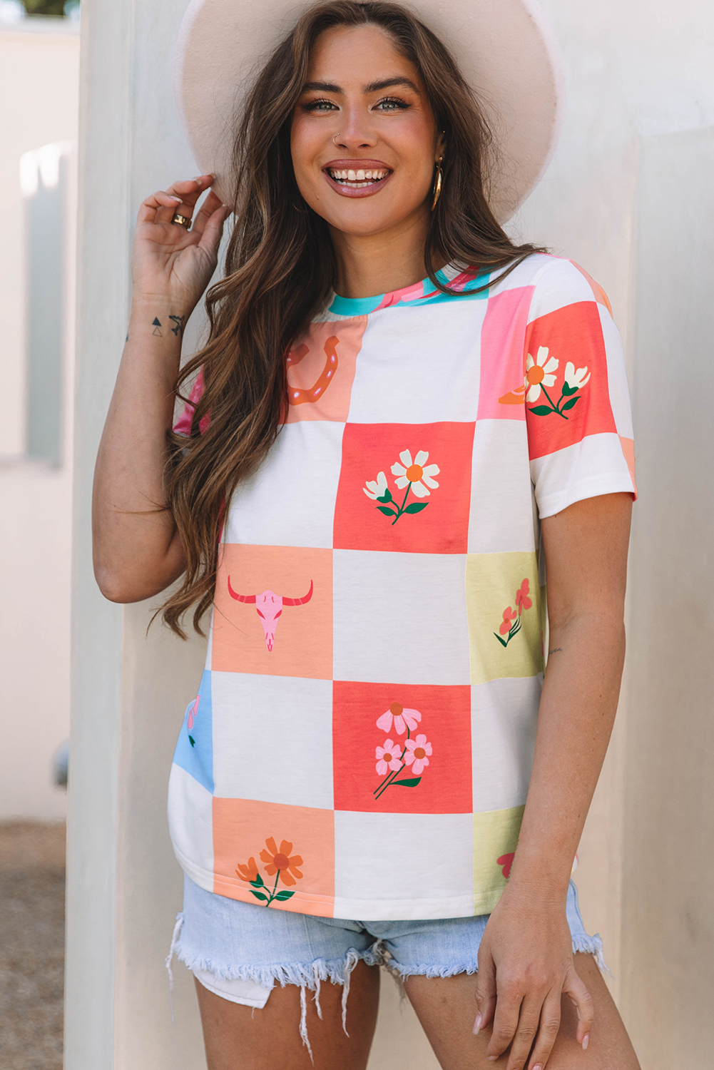 US$ 4.26 Drop-shipping Orange Western Fashion Checker Print Crewneck T ...