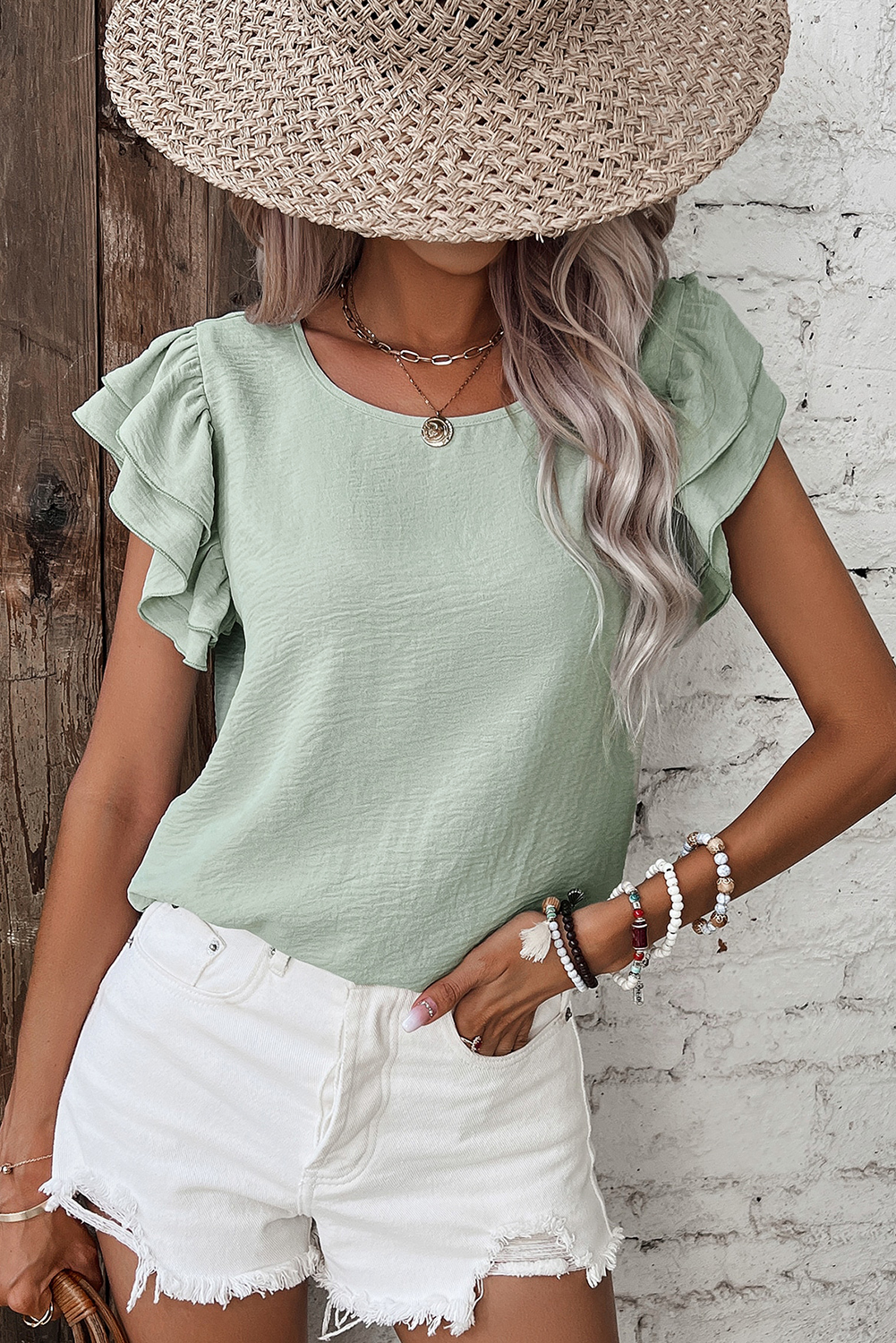 US$ 4.6 Drop-shipping Clearly Aqua Solid Color Ruffled Short Sleeve ...