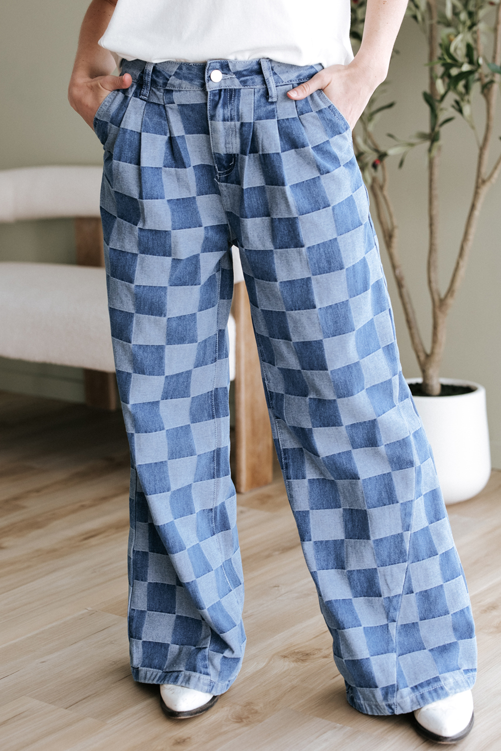 US$ 13.92 Drop-shipping Dusk Blue Checkered Denim Wide Leg Jeans for Women