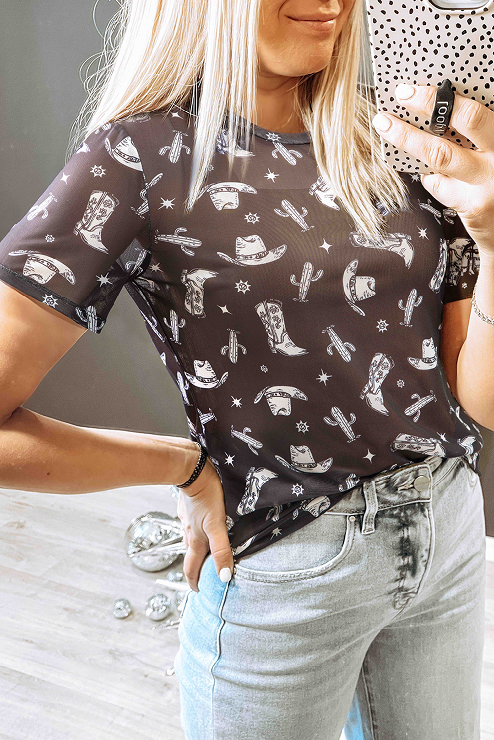 US$ 4.58 Drop-shipping Black Western Pattern Mesh Sheer Crew Neck T ...