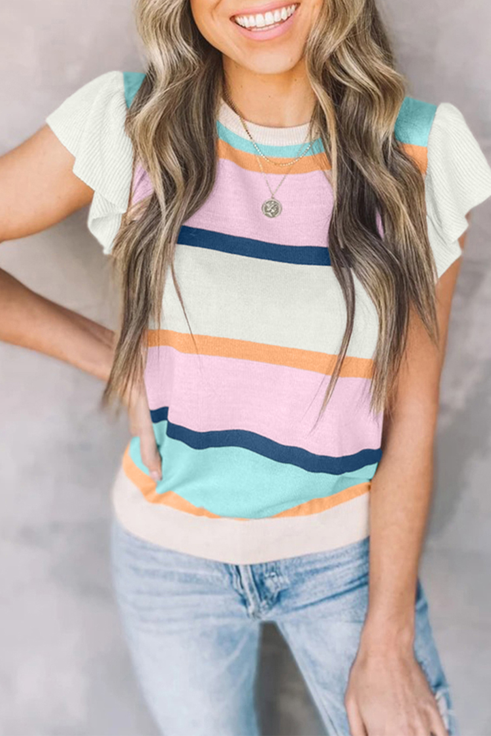 US$ 6.73 Drop-shipping Multicolour Striped Color Block Flutter Sleeve ...