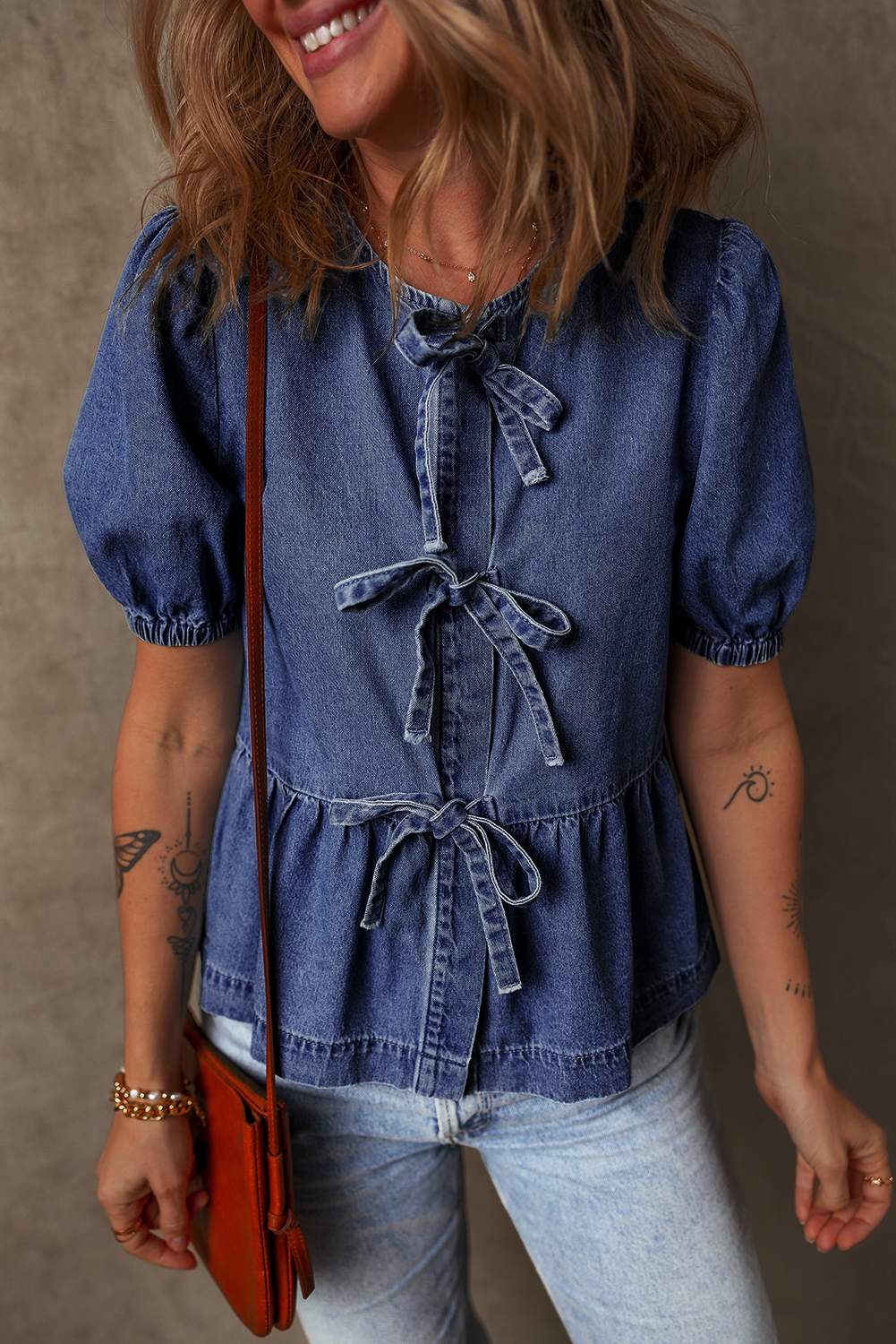 US$ 12.25 Drop-shipping Sail Blue Tied Front Bubble Sleeve Peplum Denim ...