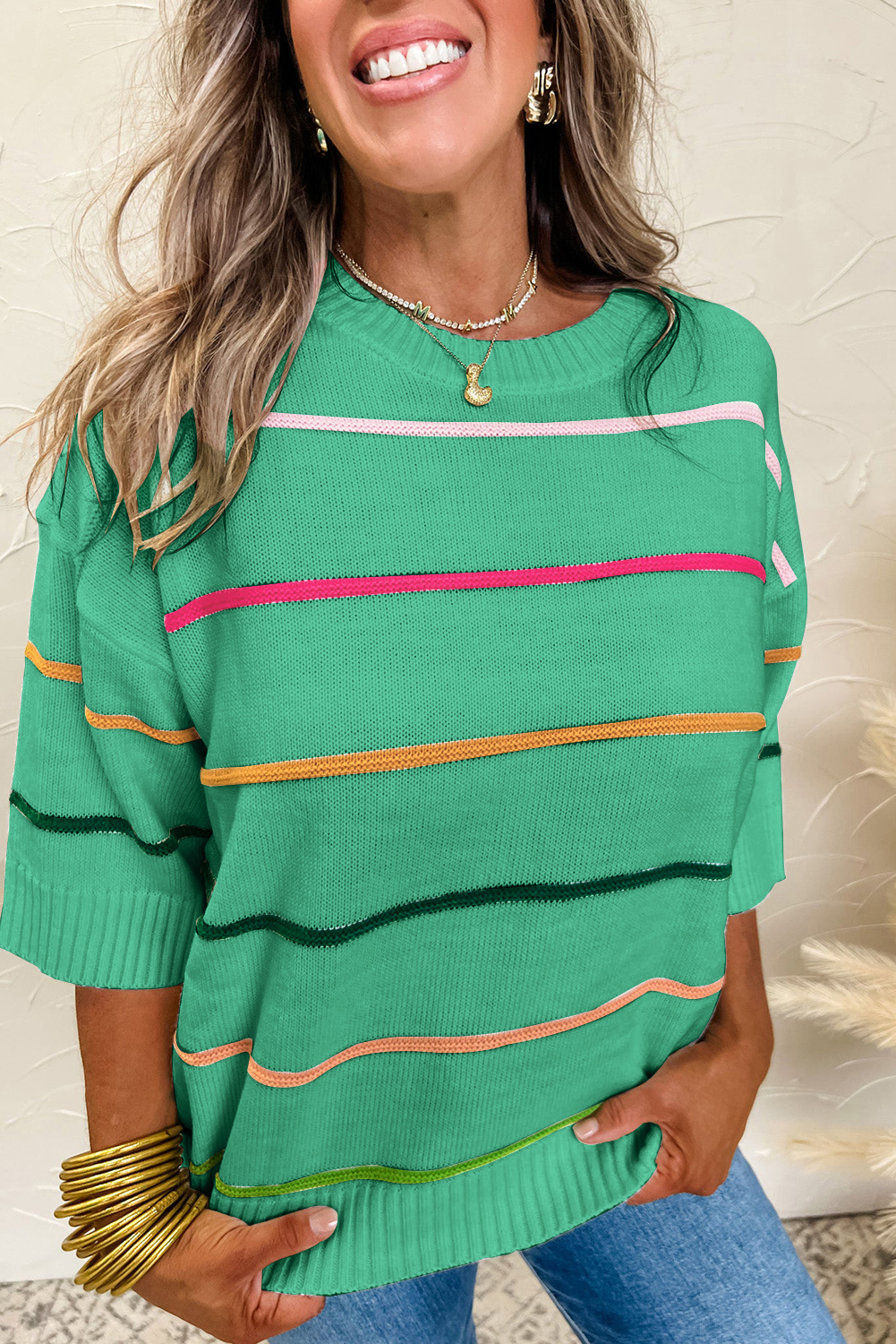 US$ 9.26 Drop-shipping Green Colorblock Striped Half Sleeve Drop ...