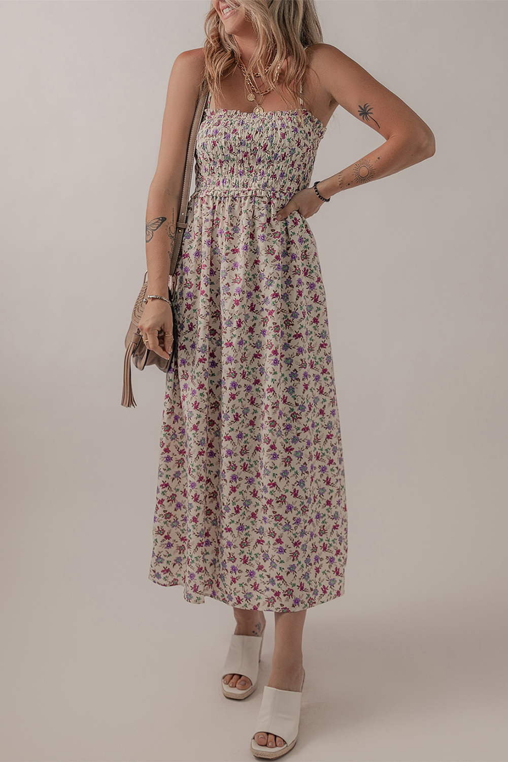 US$ 12.42 Drop-shipping Multicolour Bohemian Ditsy Floral Smocked Fit ...