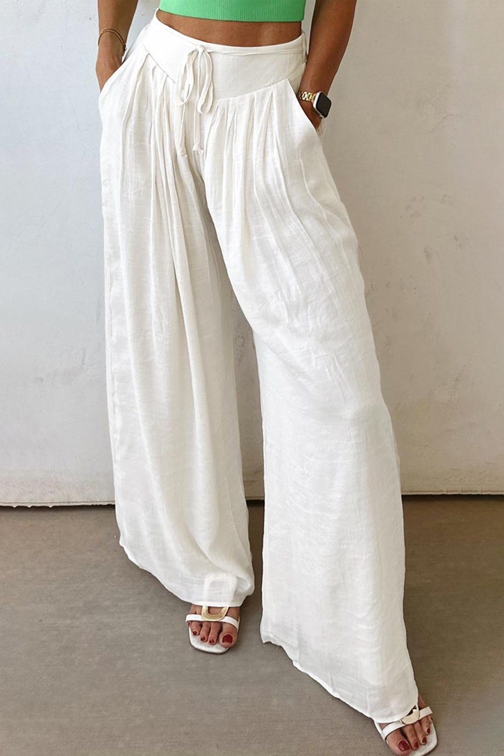 US$ 11.27 Drop-shipping White Solid Drop Waist Pleated Wide Leg Casual ...