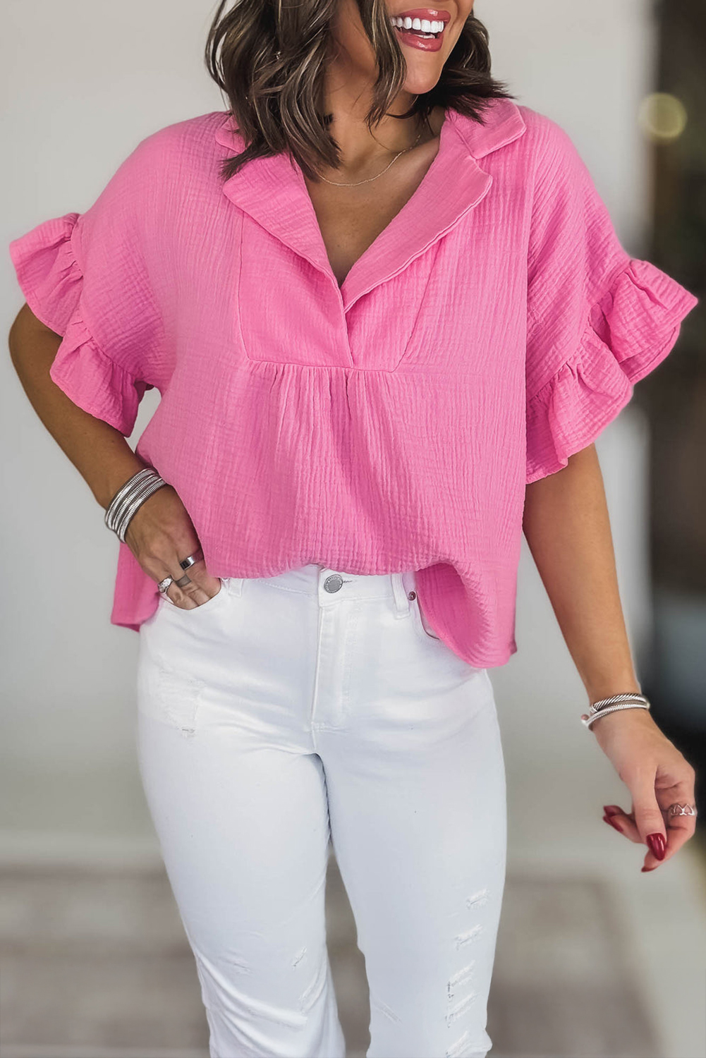 US$ 8.4 Drop-shipping Sachet Pink Textured Ruffled Sleeve Collared V ...