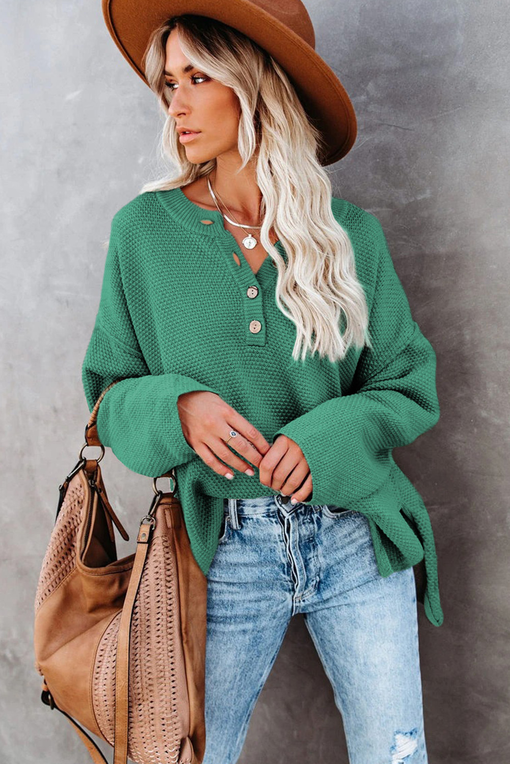 US$ 11.48 Drop-shipping Green-2 Henley Pullover Drop Shoulder Sweater ...