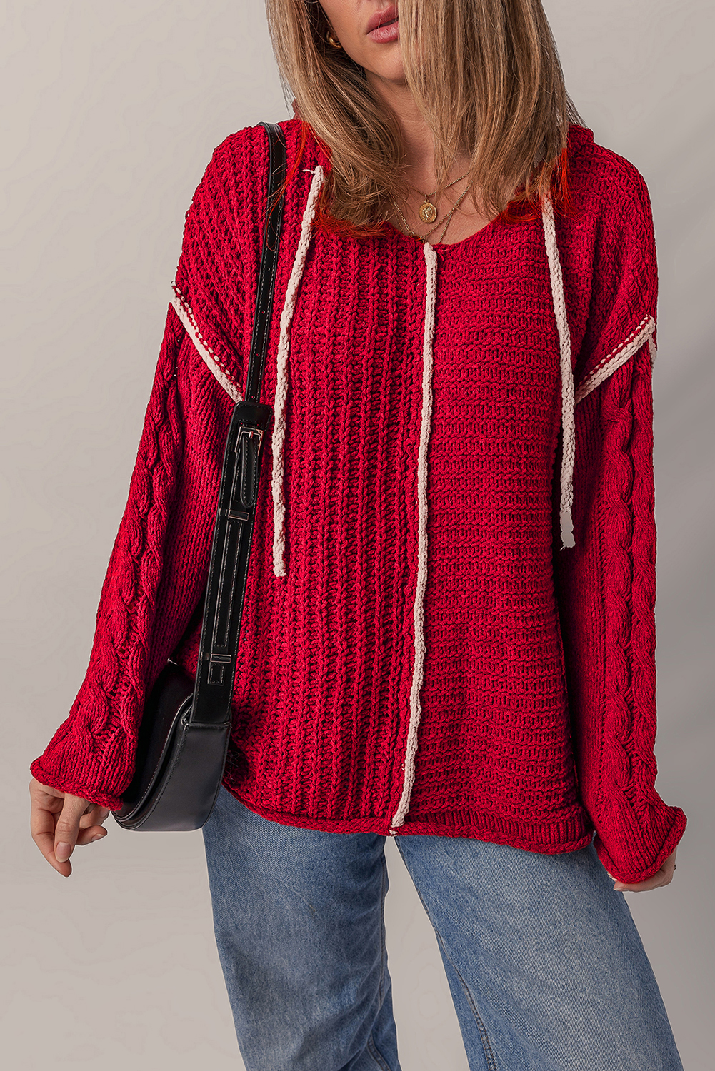 US$ 14.25 Drop-shipping Racing Red Color Contrast Trim Textured Knit ...