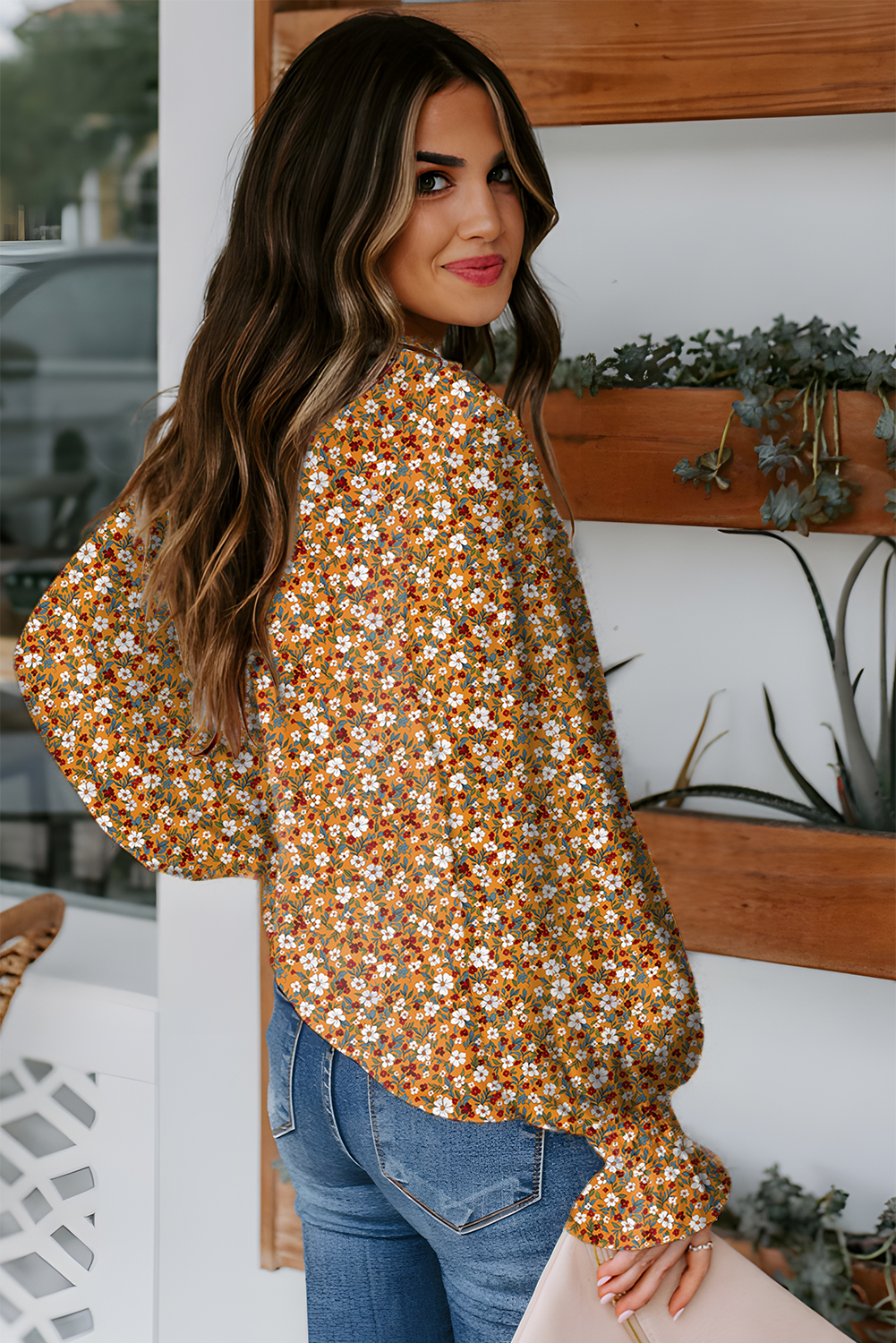 US$ 9.5 Drop-shipping Orange Boho Floral Ruffled Bubble Sleeve V Neck ...