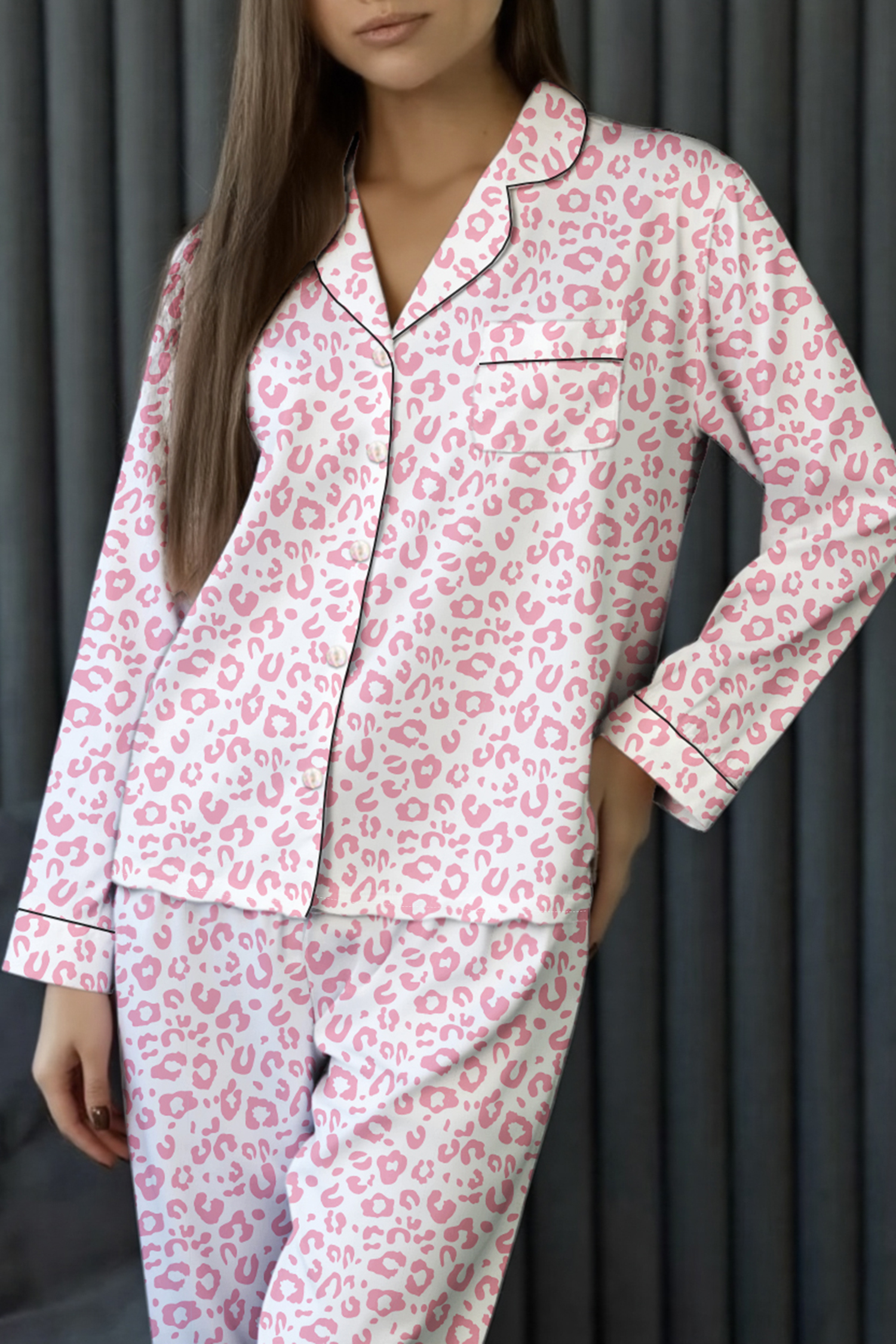 US$ 16.58 Drop-shipping Pink Leopard Print 2cps Long Pajama Set for Women