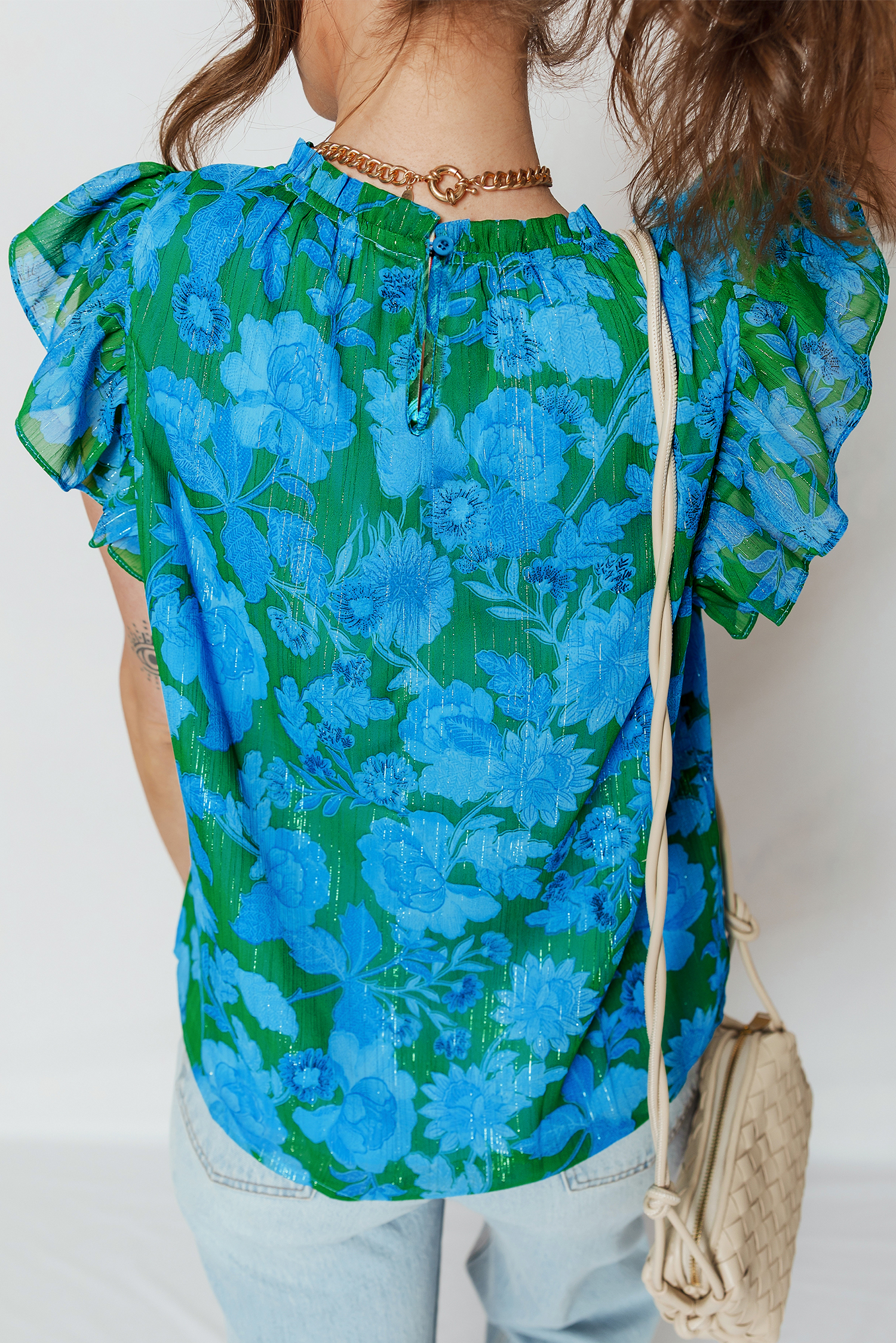 US$ 7.91 Drop-shipping Green Floral Print Ruffled Sleeve Summer Blouse ...